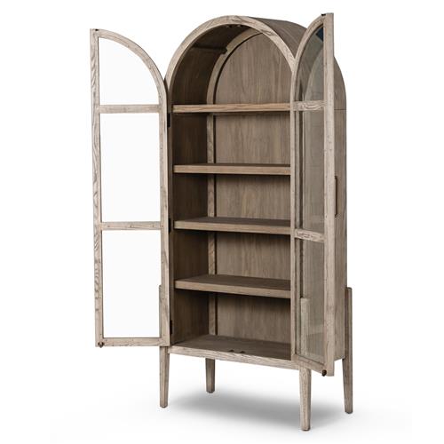 Ivan Mid Century White Solid Oak Wood 2 Glass Door Arched Display Case