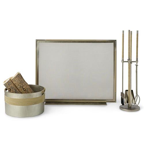 Palecek Landon Antique Pewter Iron Taupe Leather 4 Piece Fireplace Tool Set