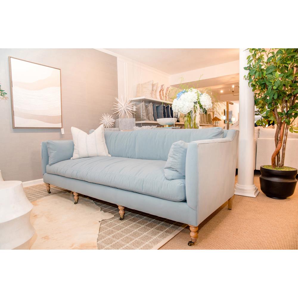 Madeline French Blue Upholstered Brown Wood Brass Casters Nailhead Sofa ...