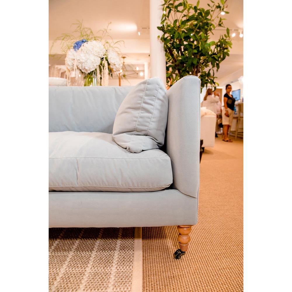 Madeline French Blue Upholstered Brown Wood Brass Casters Nailhead Sofa ...