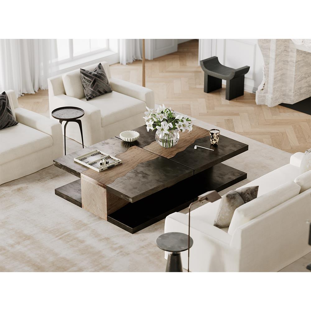 Caleigh Textured Metal Raw Wood Accent 2 Tier Rectangular Coffee Table ...