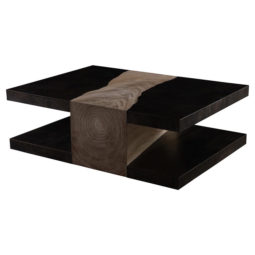 Caleigh Textured Metal Raw Wood Accent 2 Tier Rectangular Coffee Table ...