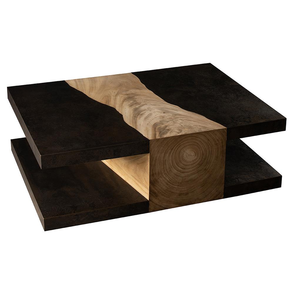 Caleigh Textured Metal Raw Wood Accent 2 Tier Rectangular Coffee Table ...