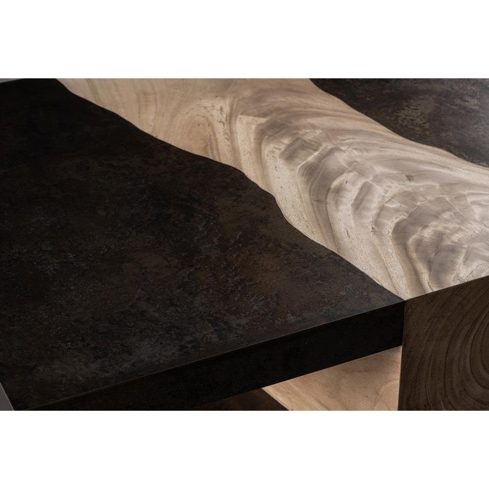 Caleigh Textured Metal Raw Wood Accent 2 Tier Rectangular Coffee Table ...