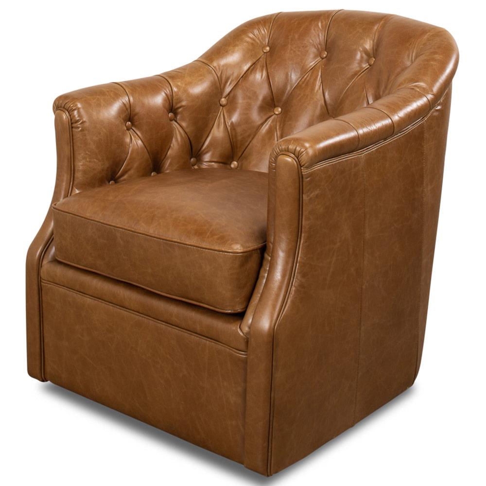 Cooper Rustic Lodge Brown Leather Upholstered Tufted Swivel Club Chair ...
