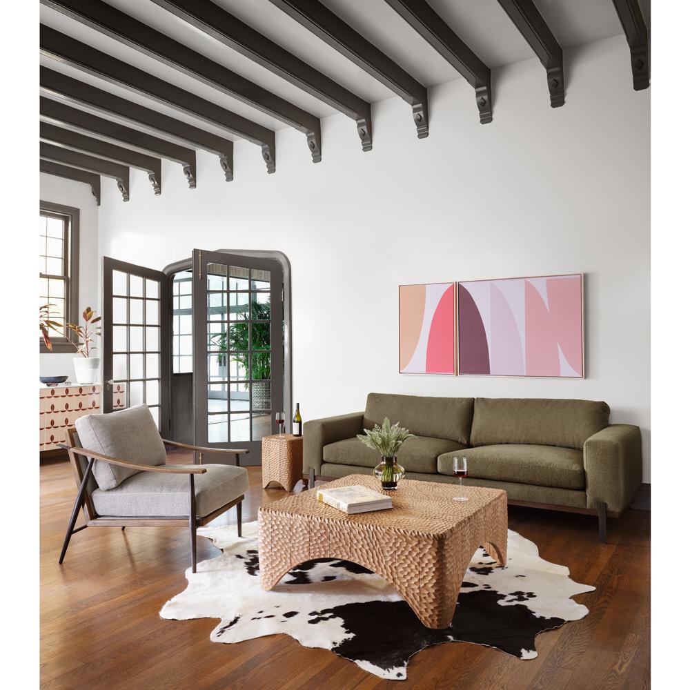 Jacoby Mid Century Modern Grey Upholstered Brown Wood Iron Legs Arm Chair