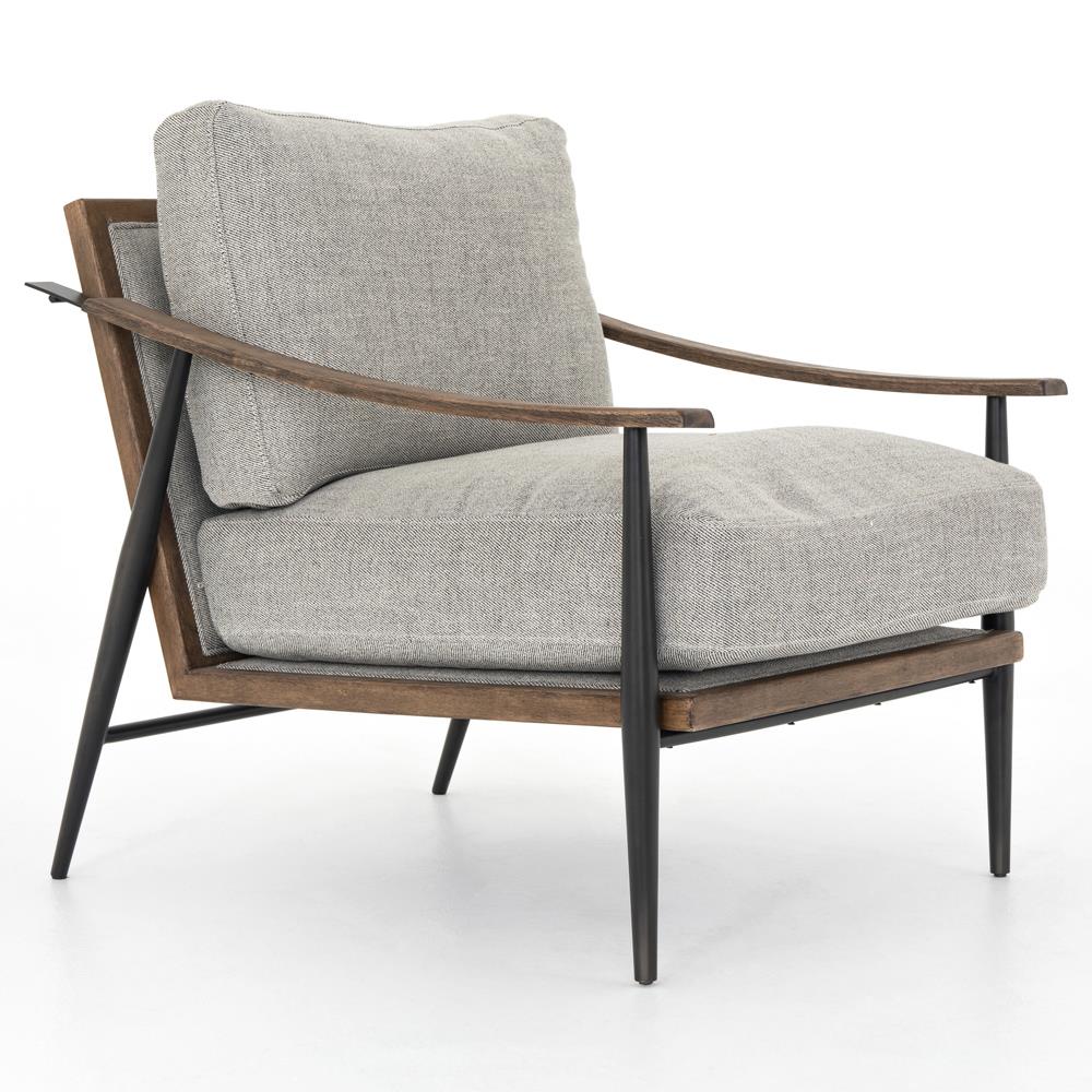 Jacoby Mid Century Modern Grey Upholstered Brown Wood Iron Legs Arm Chair