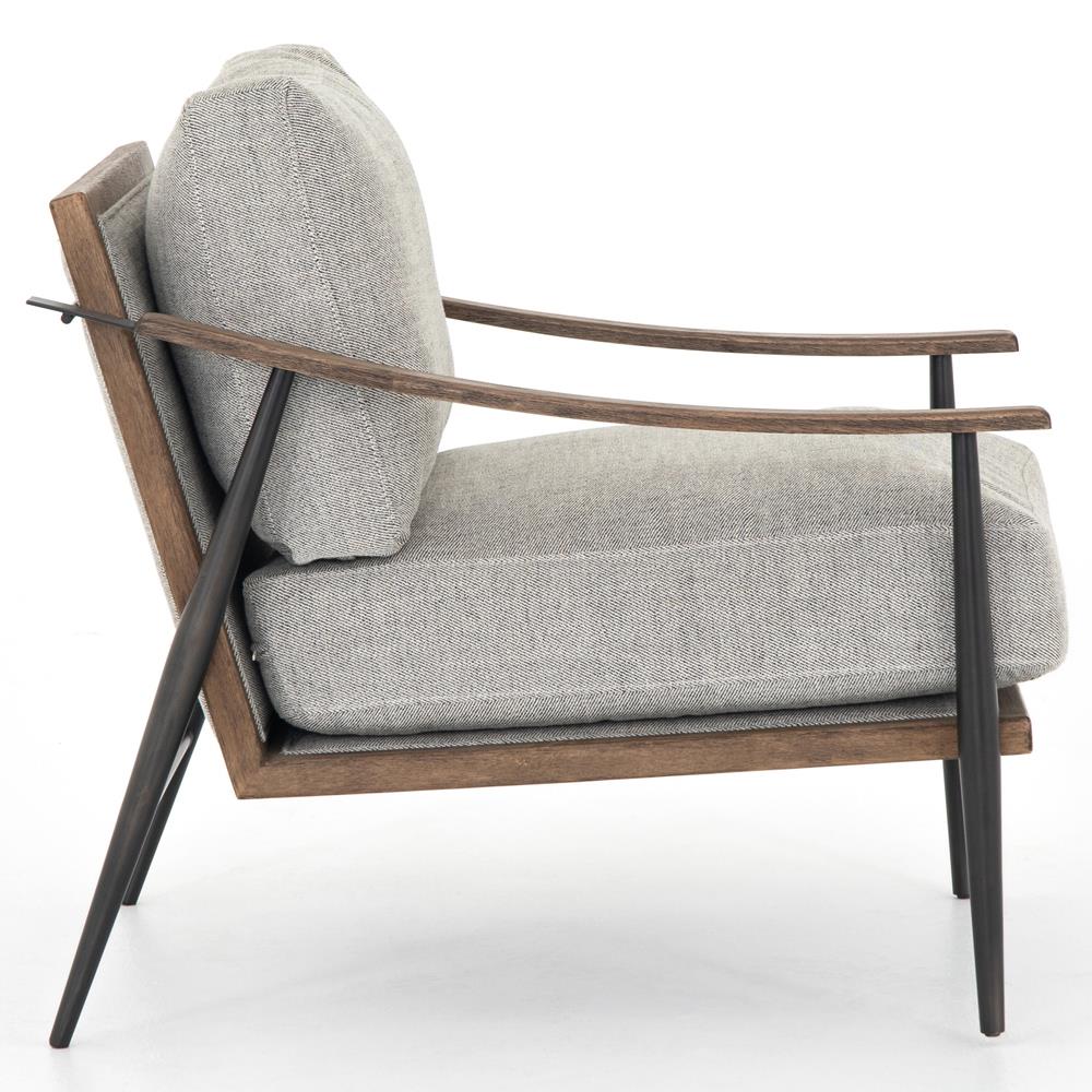 Jacoby Mid Century Modern Grey Upholstered Brown Wood Iron Legs Arm Chair