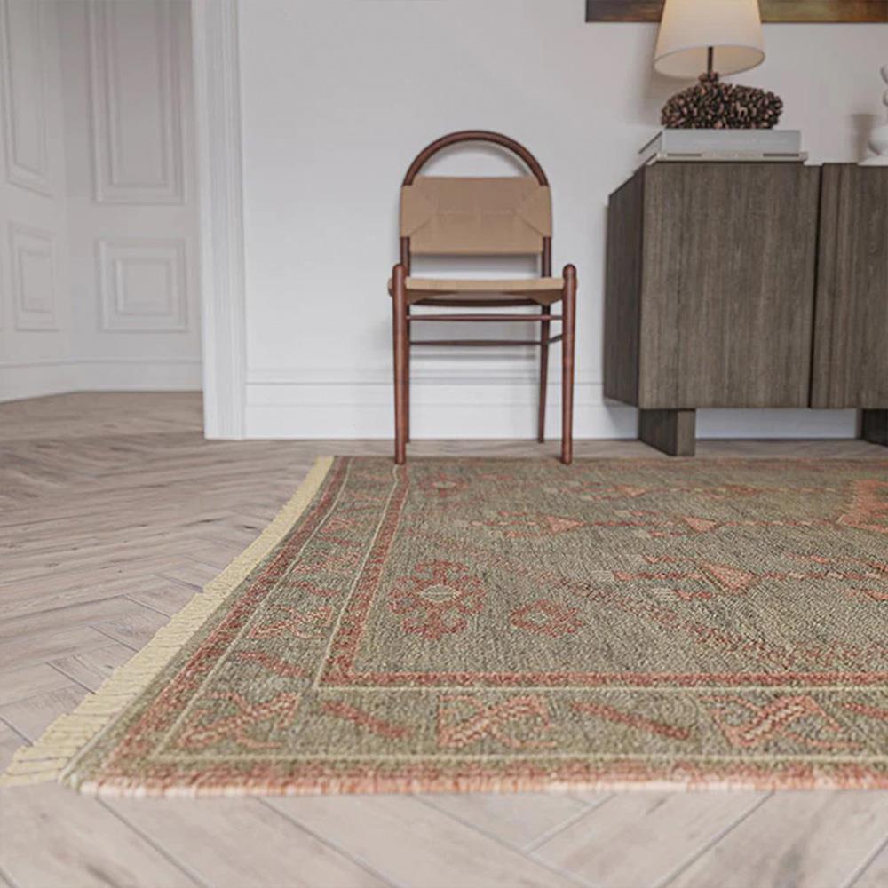 Kuku Global Bazaar Green Wool Orange Tribal Patterned Hand Knotted Rug - 3'6"x5'6"