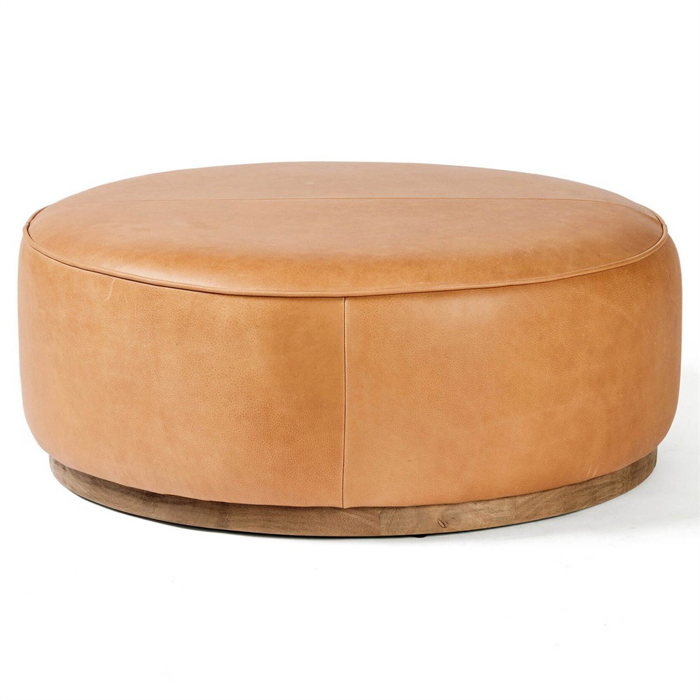 Leah Modern Classic Brown Upholstered Leather Wood Round Ottoman - 36 ...