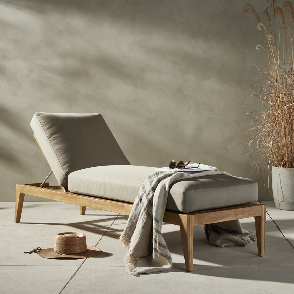 Anwar Rustic Lodge Grey Upholstered Brown Acacia Wood Outdoor Chaise ...