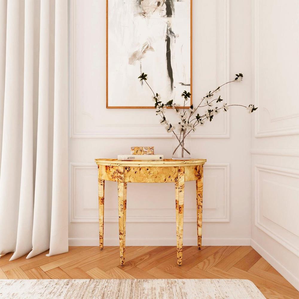 Hugo French Country Light Brown Burl Wood Veneer Console Table