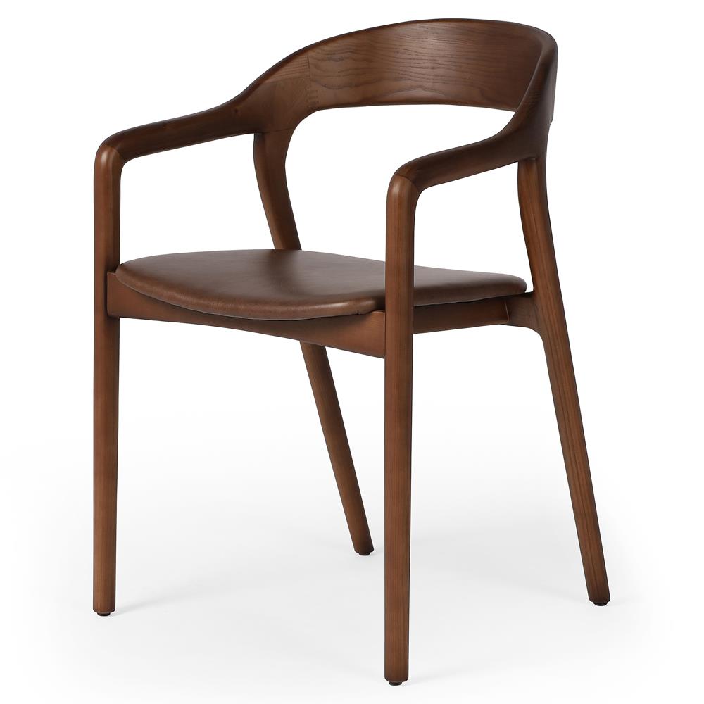 Nanda Rustic Brown Upholstered Leather Seat Solid Ash Wood Dining Arm Chair