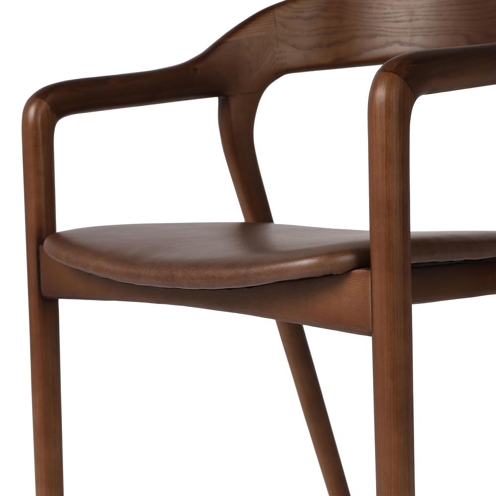 Nanda Rustic Brown Upholstered Leather Seat Solid Ash Wood Dining Arm Chair