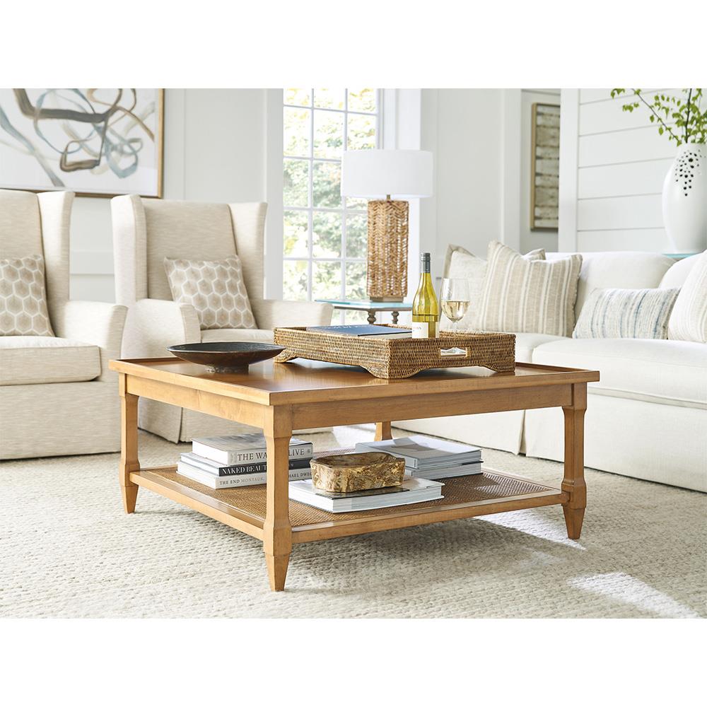Temple Coastal Brown Wood Top Woven Cane 2 Tier Square Coffee Table 41 ...