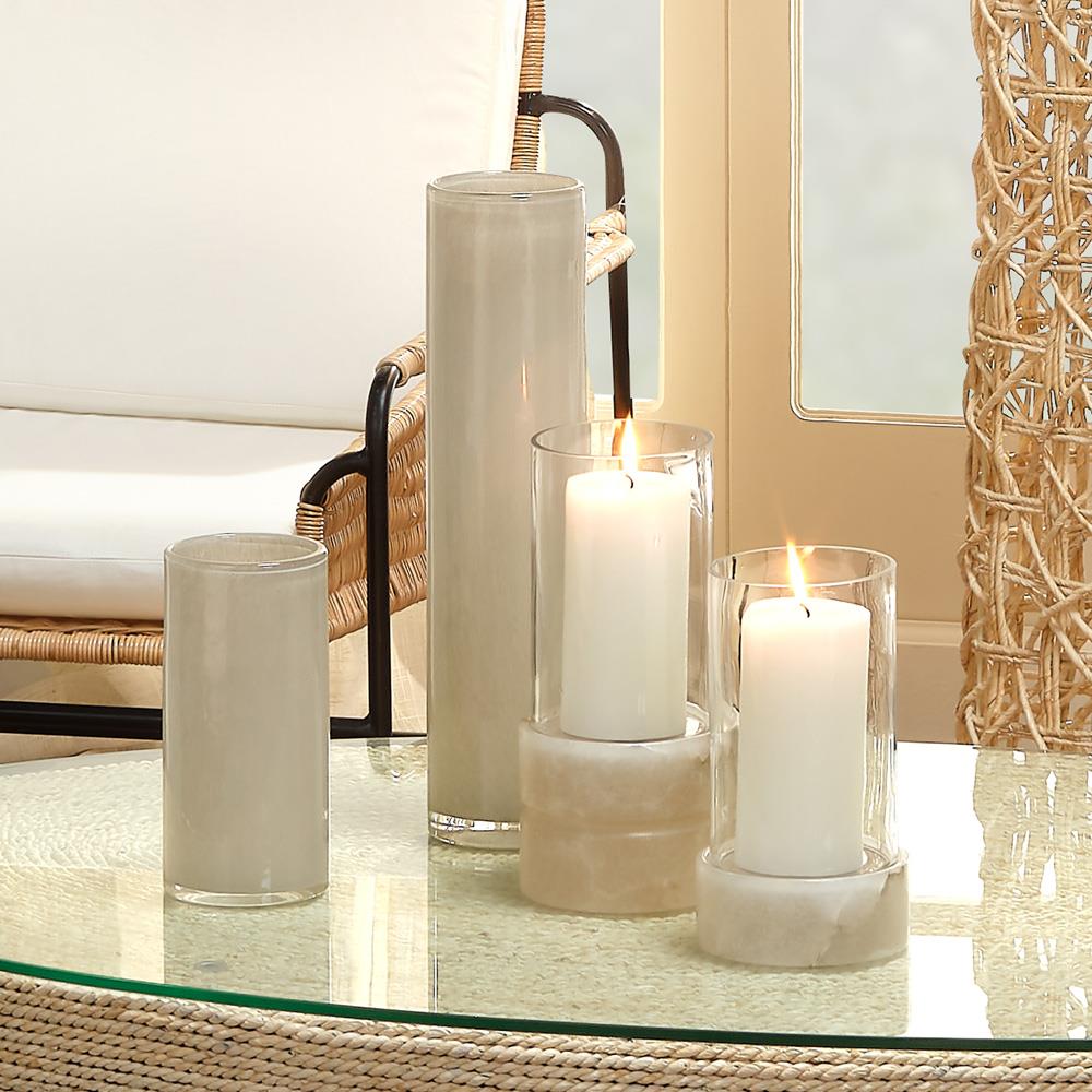 Tia Modern Beige Alabaster Glass Hurricane Candleholder - Short | Kathy ...