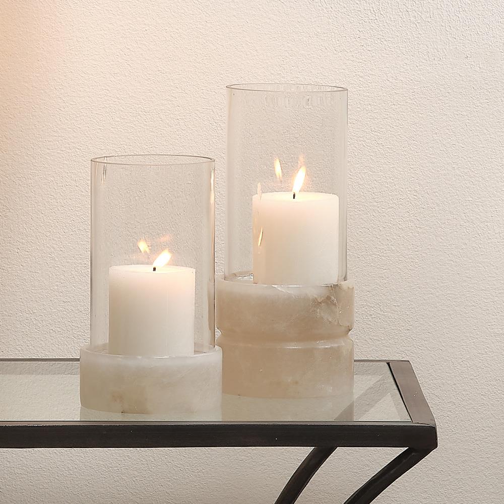 Tia Modern Beige Alabaster Glass Hurricane Candleholder - Tall | Kathy ...