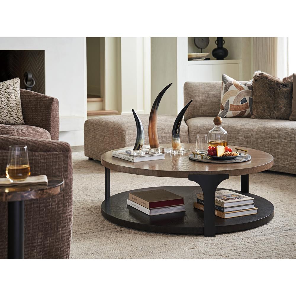 Kenya Modern Classic Brown Oak Wood 2 Tier Round Coffee Table
