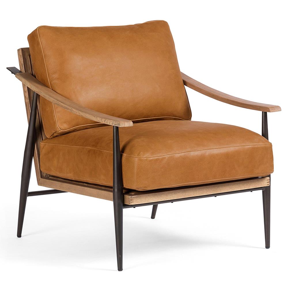 Jacoby Mid Century Modern Palermo Cognac Leather Wood Iron Legs Arm Chair