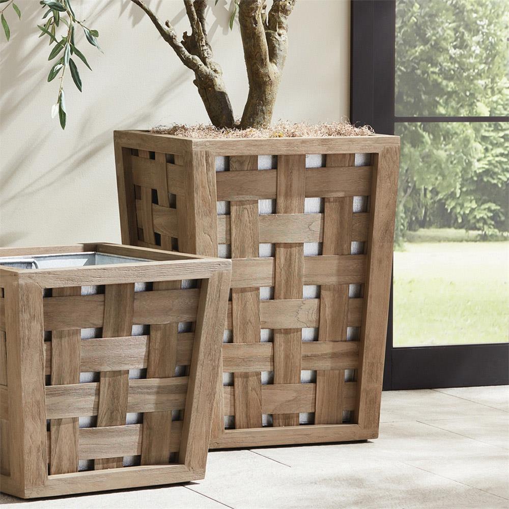 Finley Rustic Lodge Grey Teak Wood Outdoor Planter - Large | Kathy Kuo Home