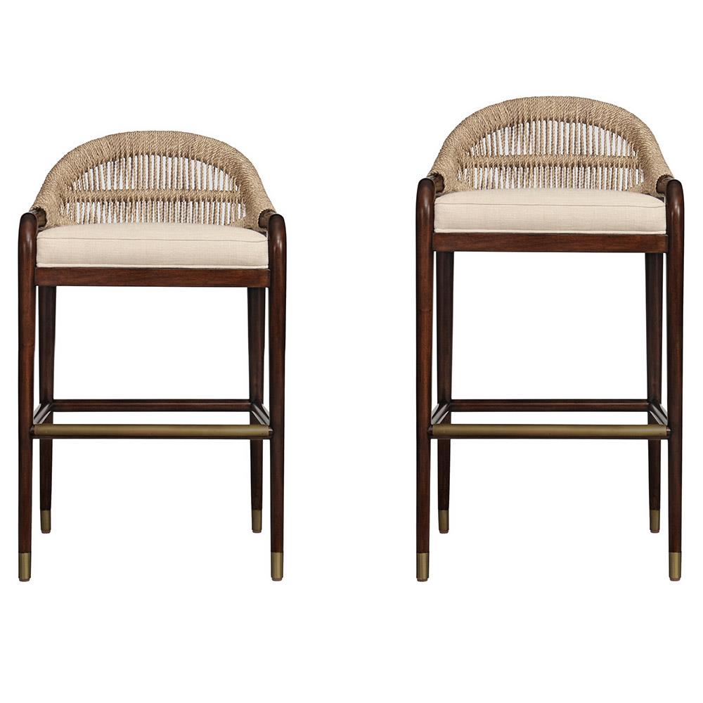 Century Flax Upholstered Brown Mahogany Woven Jute Bar Stool | Kathy ...