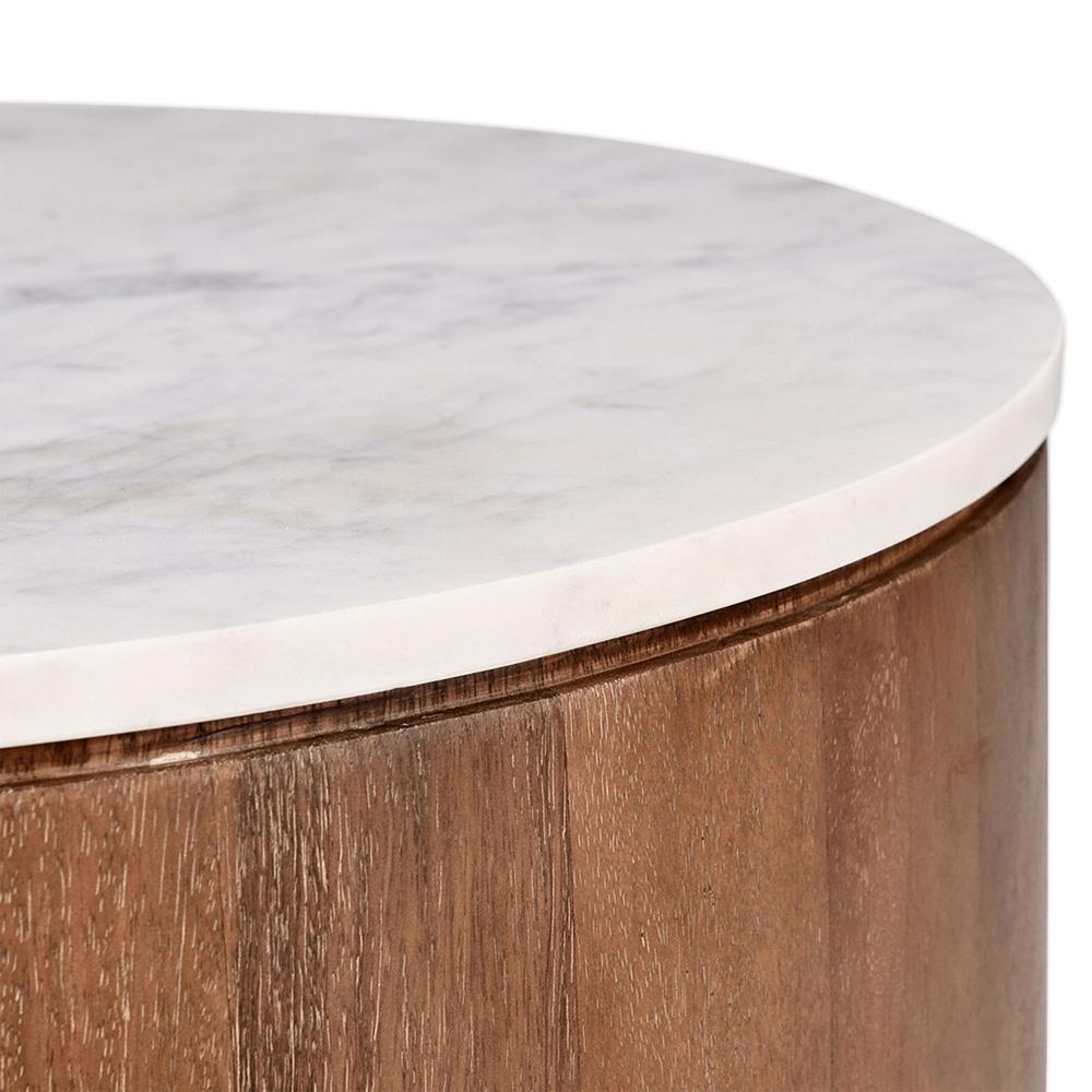 Suzie Coastal Beach White Marble Brown Mango Wood Round Drum End Table ...