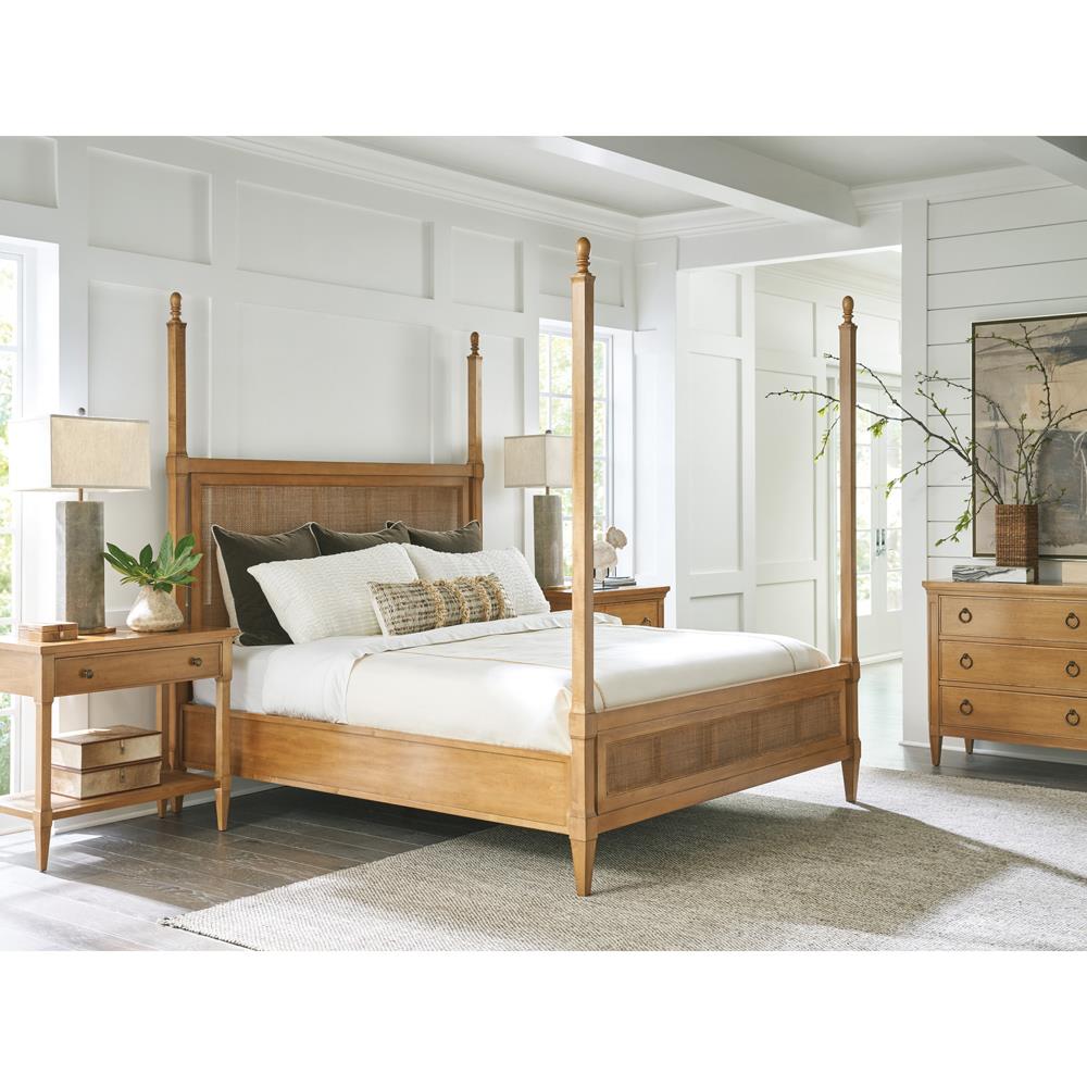 Strand Coastal Beach Woven Cane Brown Wood Canopy Bed - Queen