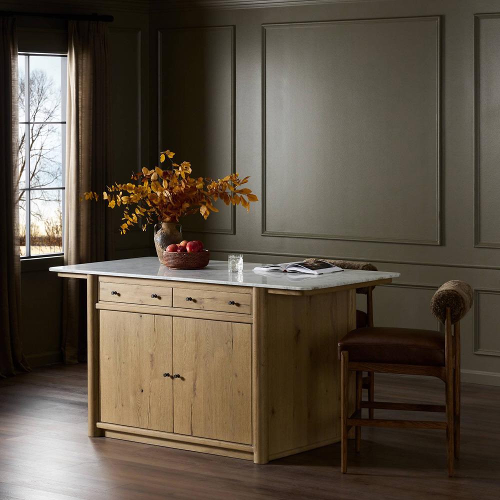 Arlette Coastal Beach White Carrara Marble Brown Oak Kitchen Island - 72"