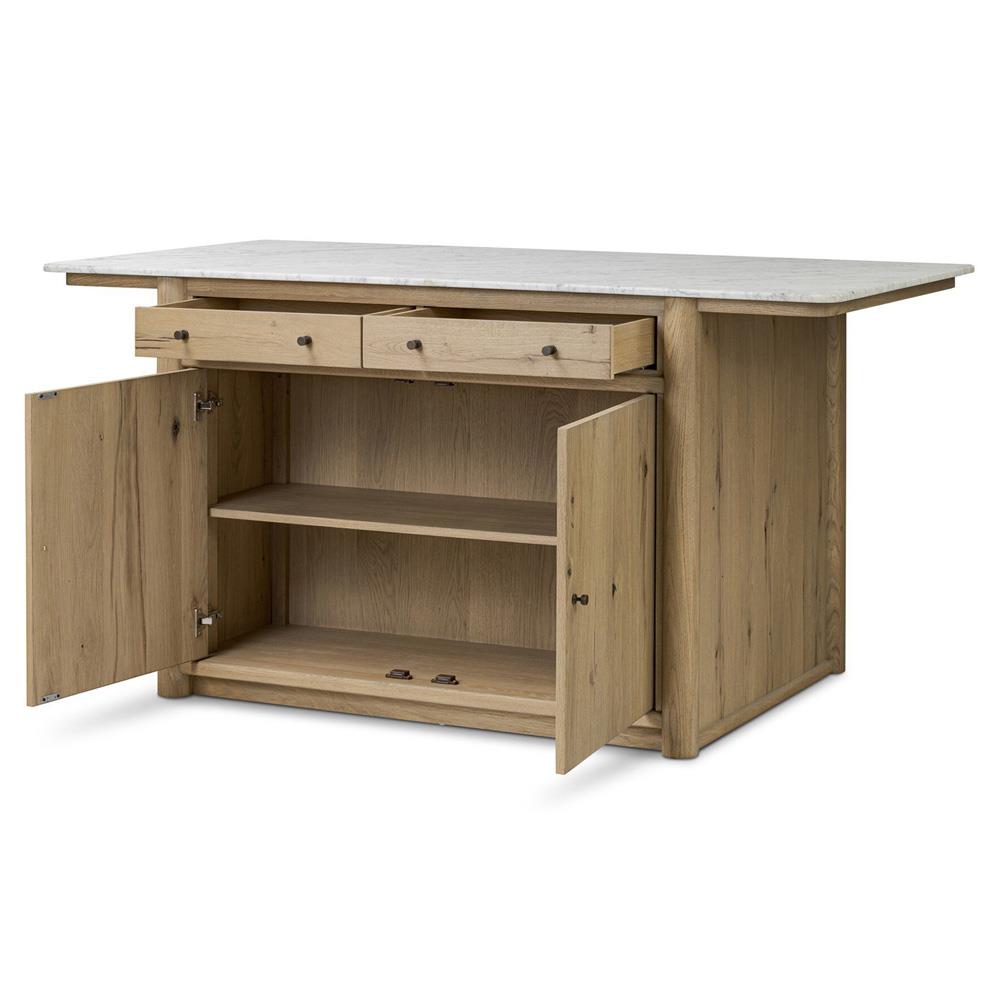 Arlette Coastal Beach White Carrara Marble Brown Oak Kitchen Island - 72"