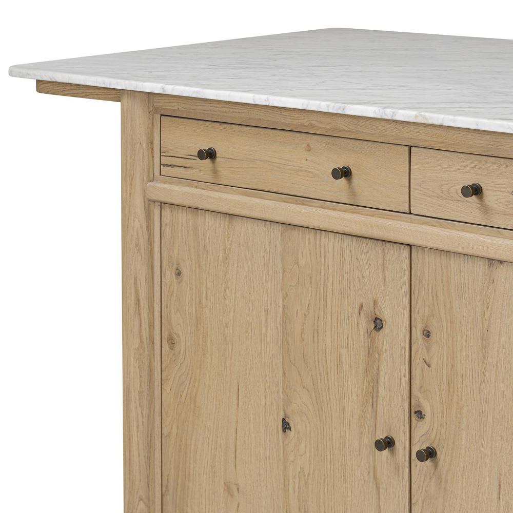 Arlette Coastal Beach White Carrara Marble Brown Oak Kitchen Island - 72"
