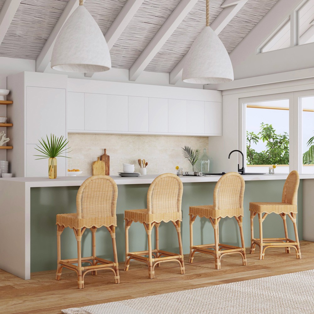Ansel Coastal Beach Natural Rattan Scalloped Counter Stool | Kathy Kuo Home