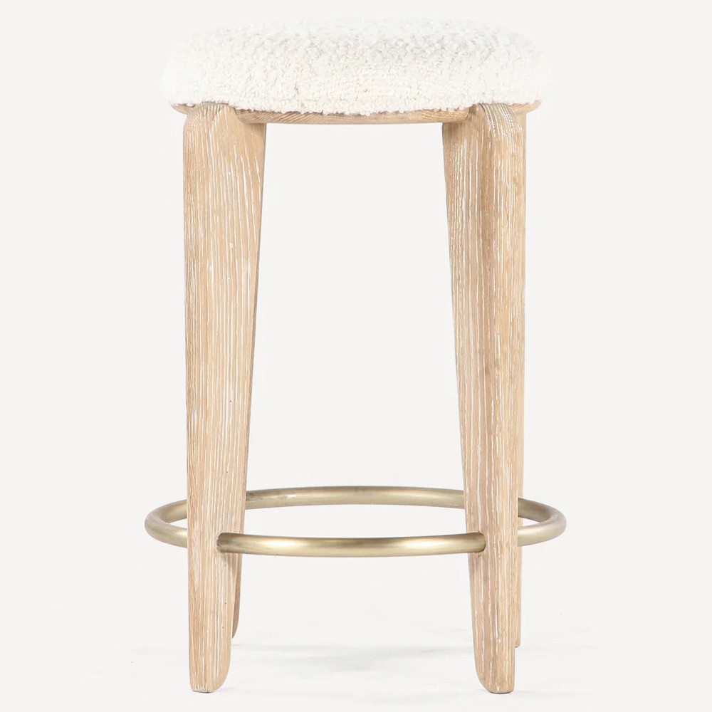 Lilith Modern Classic White Performance Boucle Oak Wood Counter Stool | Kathy Kuo Home