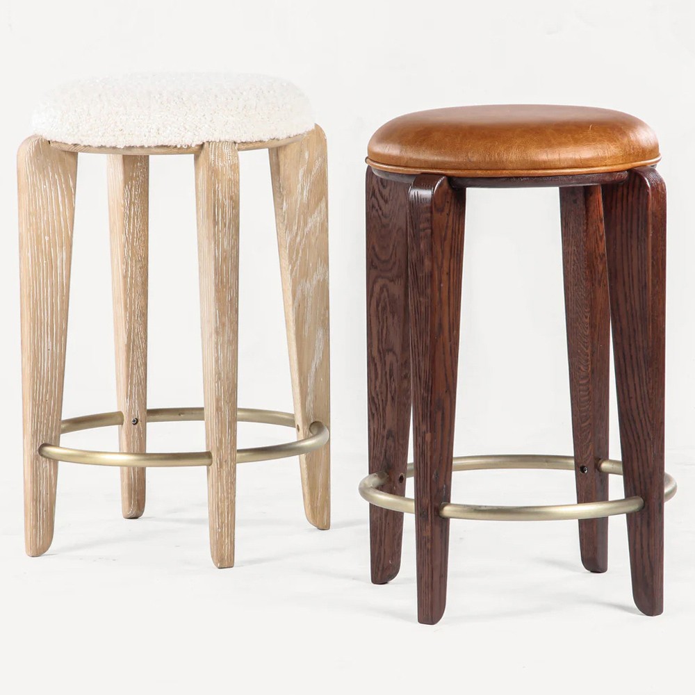 Lilith Modern Classic White Performance Boucle Oak Wood Counter Stool | Kathy Kuo Home