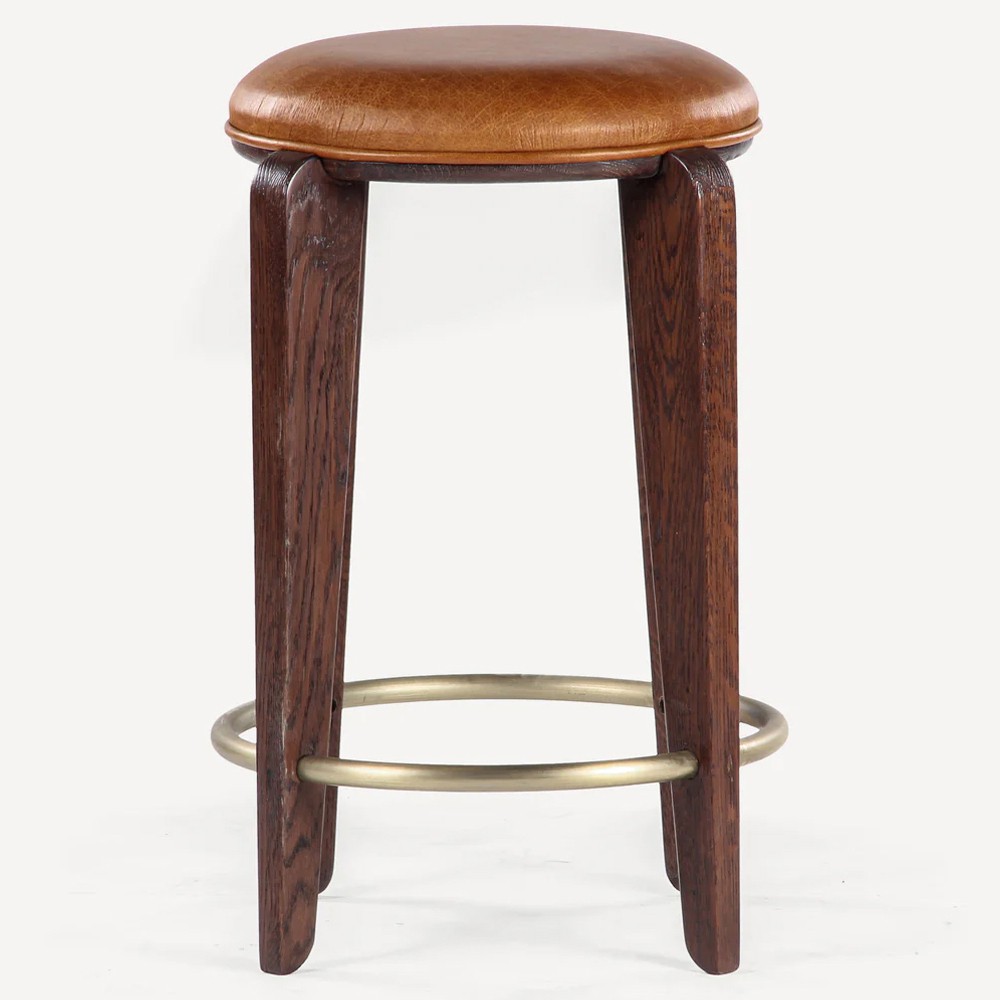 Lilith Rustic Lodge Tan Leather Dark Brown Oak Wood Counter Stool