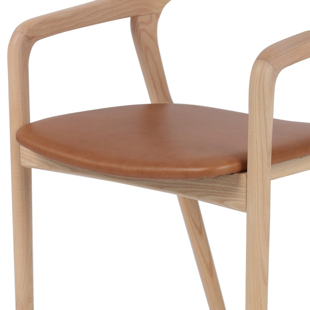 Nanda Rustic Brown Leather Natural Wood Dining Arm Chair | Kathy Kuo Home