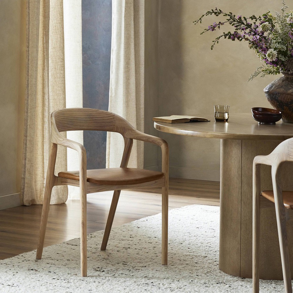 Nanda Rustic Brown Leather Natural Wood Dining Arm Chair | Kathy Kuo Home