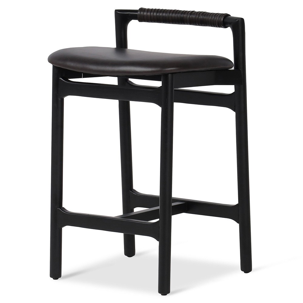 Blaise Rustic Lodge Black Leather Wood Counter Stool | Kathy Kuo Home