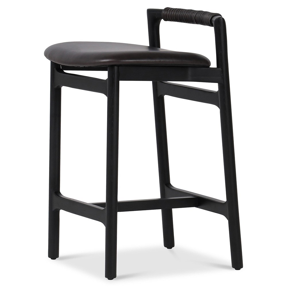 Blaise Rustic Lodge Black Leather Wood Counter Stool | Kathy Kuo Home