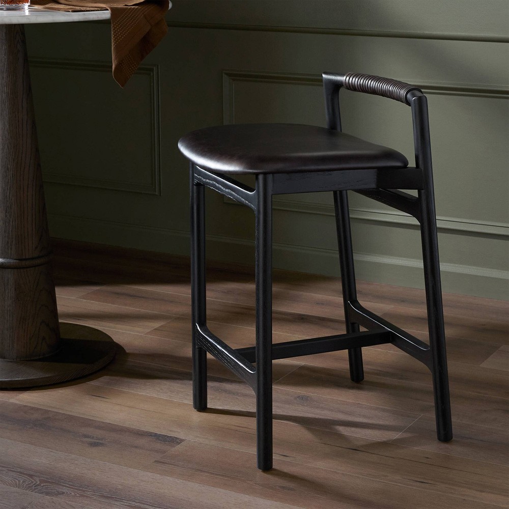 Blaise Rustic Lodge Black Leather Wood Bar Stool | Kathy Kuo Home