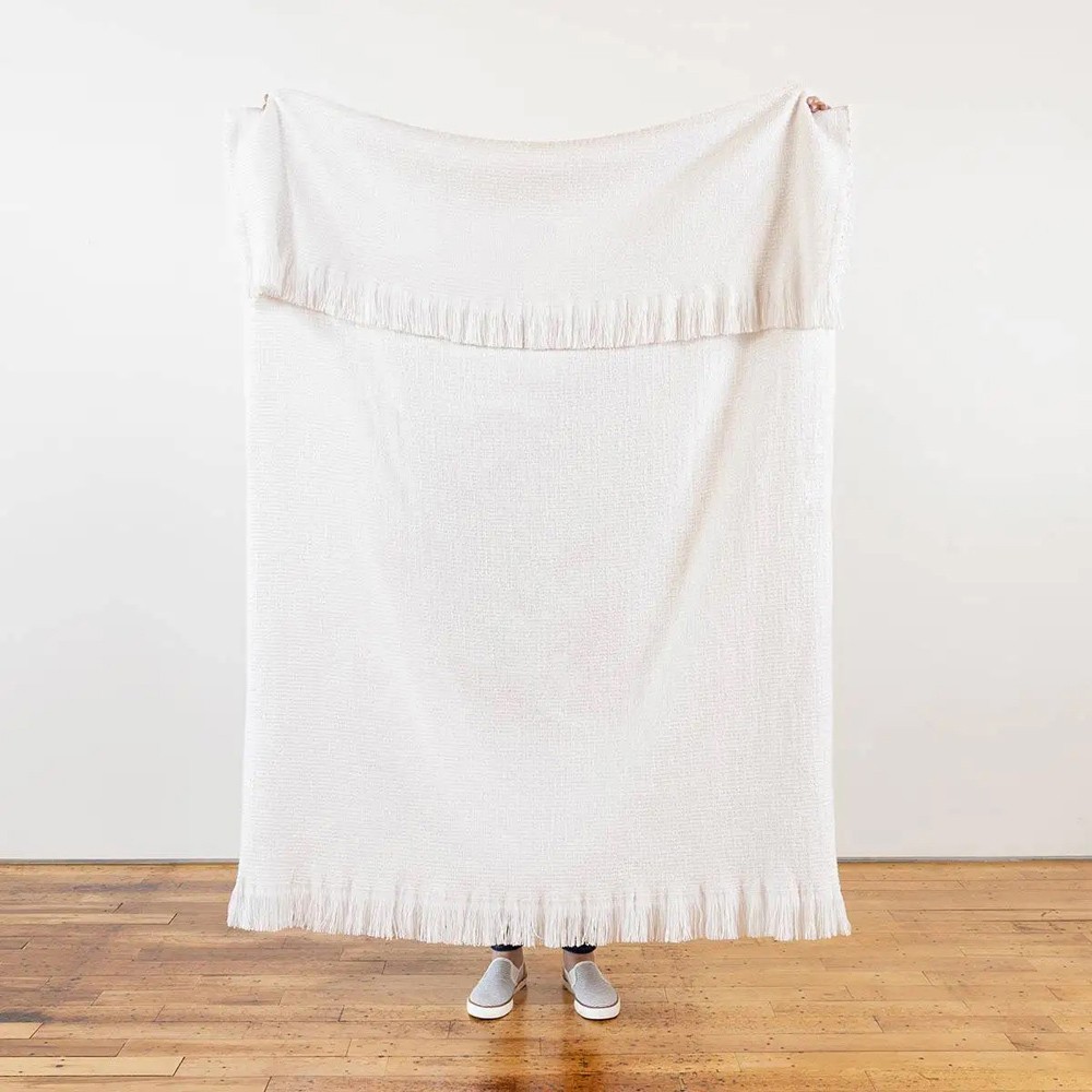 Haleigh White Crosshatch Textured Indoor / Outdoor Throw Blanket