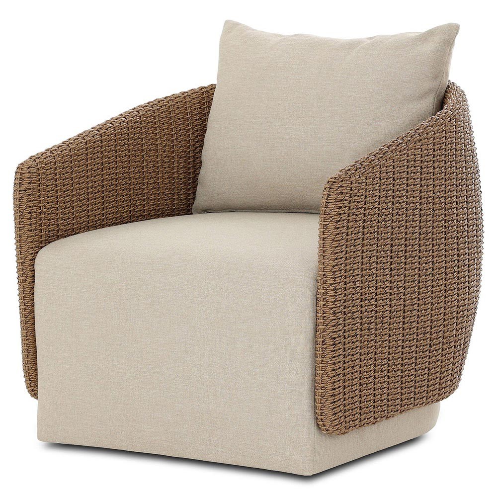 Madelyn Coastal Beach Beige Upholstered Woven Wicker Outdoor Swivel ...