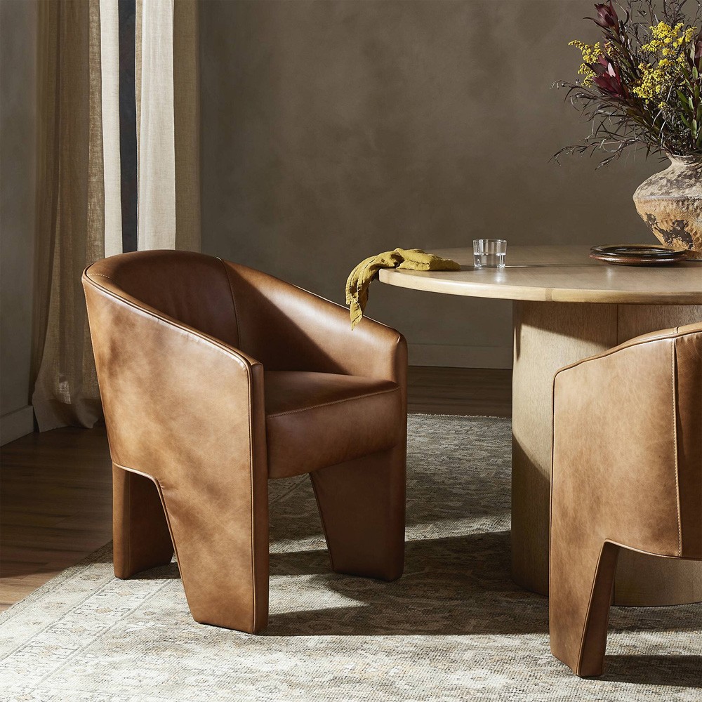 Fara Modern Classic Brown Leather Dining Arm Chair | Kathy Kuo Home