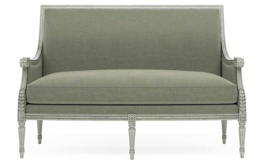 Juliette Spring Blue Textured Weave Provence Sage Settee | Kathy Kuo Home