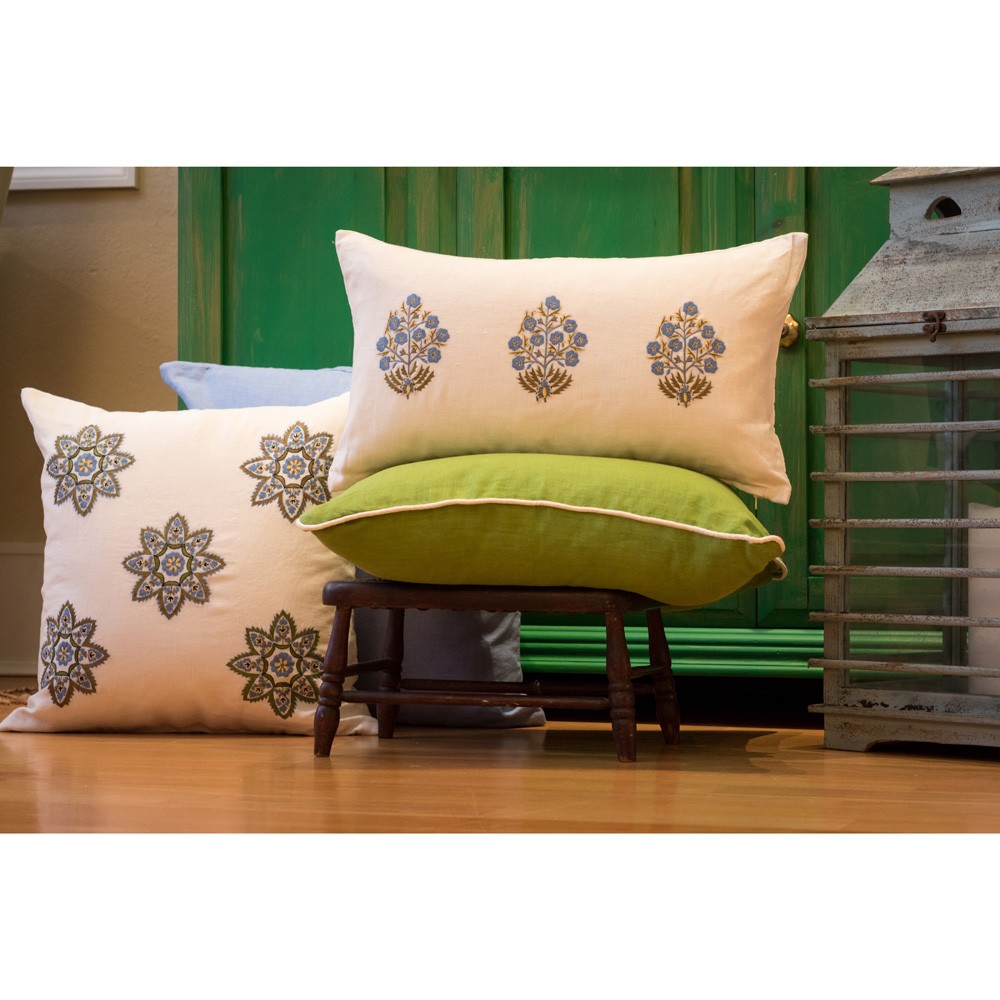 Esme French Country Beige Linen Floral Lumbar Pillow Cover - 12x20