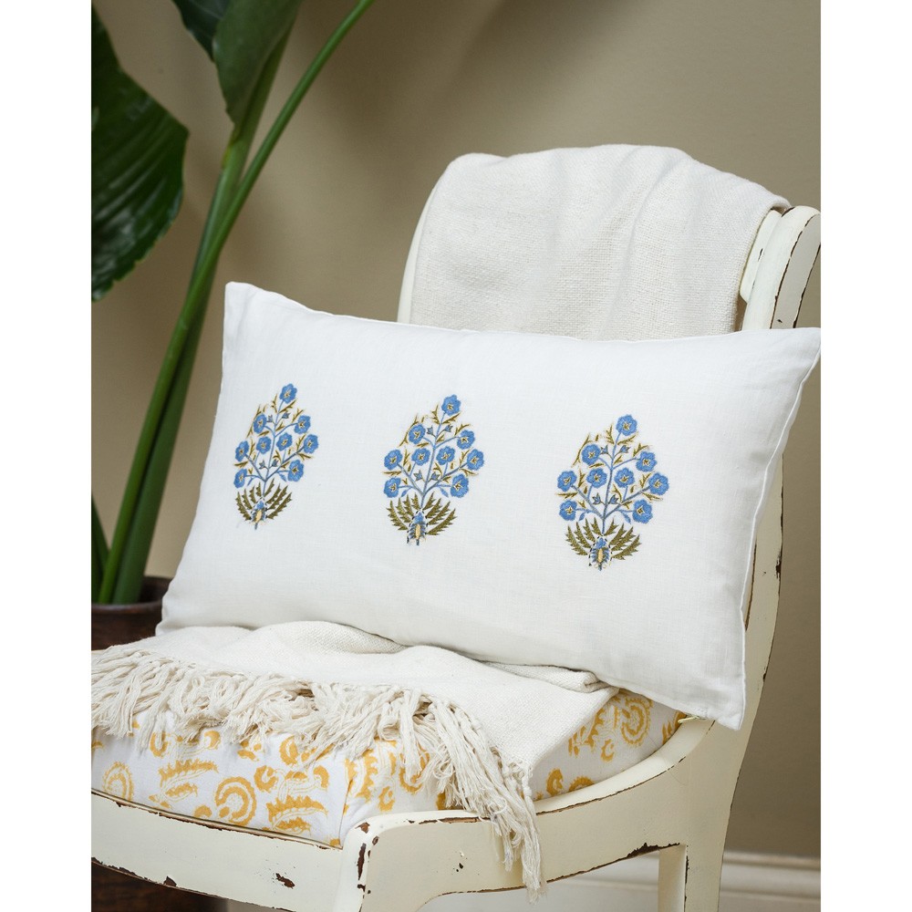 Esme French Country White Linen Floral Lumbar Pillow Cover - 12x20