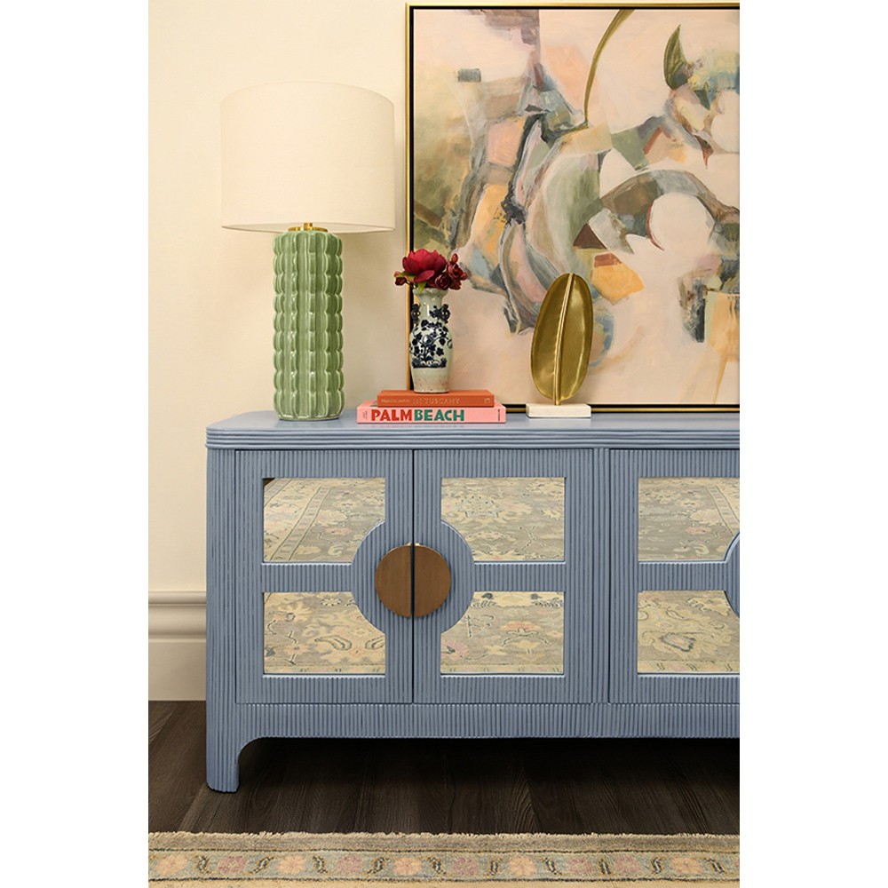 Worlds Away Opal Coastal Beach Light Blue Rattan Mirror Front Sideboard ...