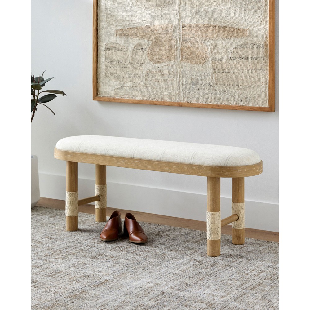 Cora Coastal Beach Beige Linen Brown Wood Entryway Bench Standard (45 ...