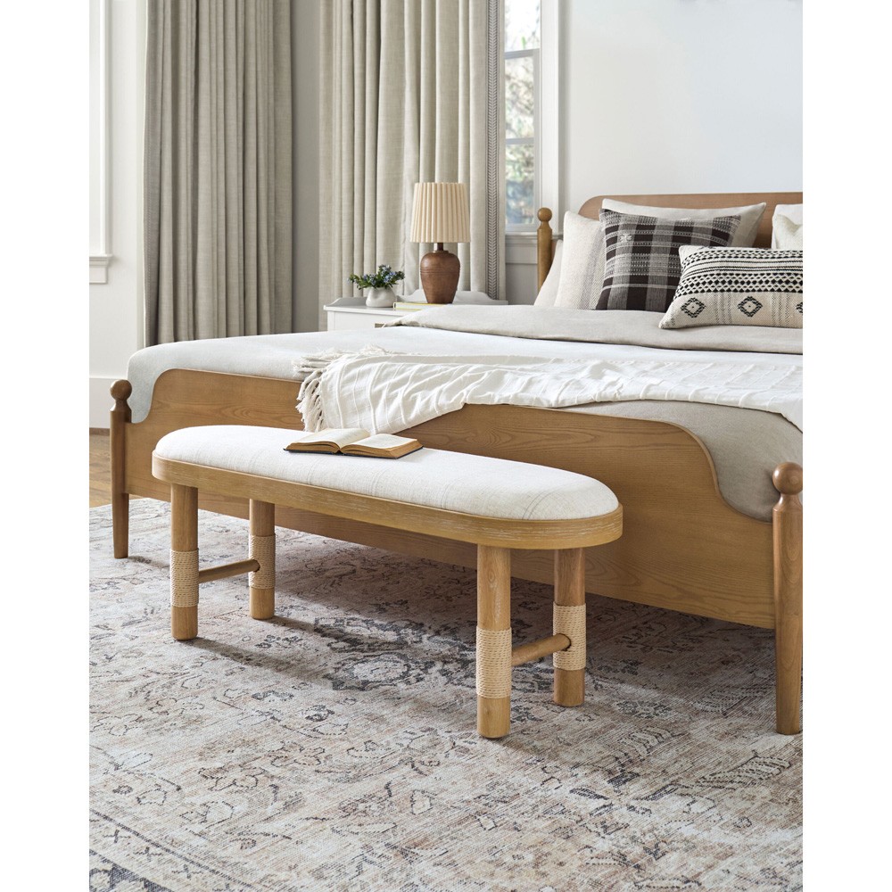 Cora Coastal Beach Beige Linen Brown Wood Entryway Bench Standard (45 ...
