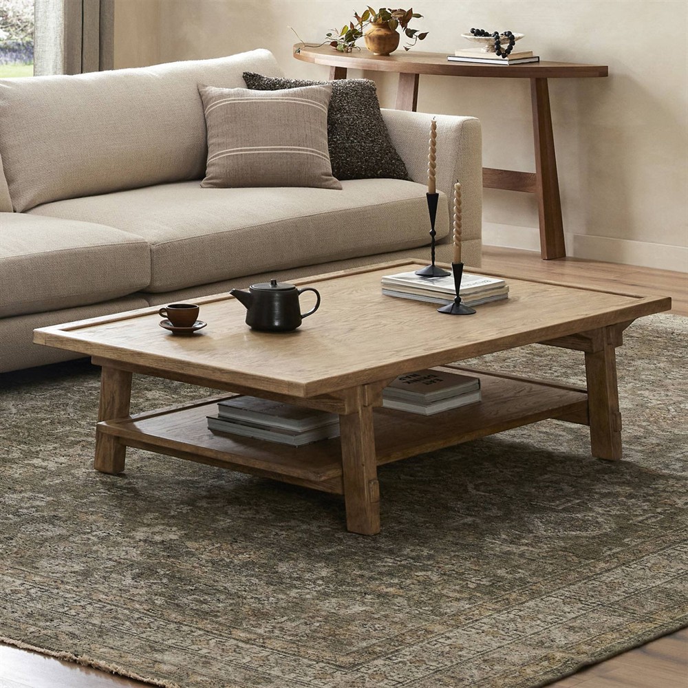Trina Coastal Beach Light Oak Rectangular Coffee Table | Kathy Kuo Home