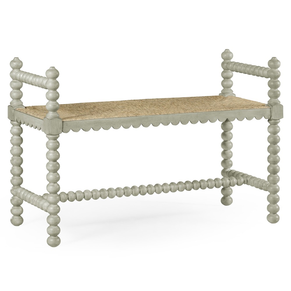 Harrison Updated Traditional Woven Rush Grey Wood Scalloped Bench